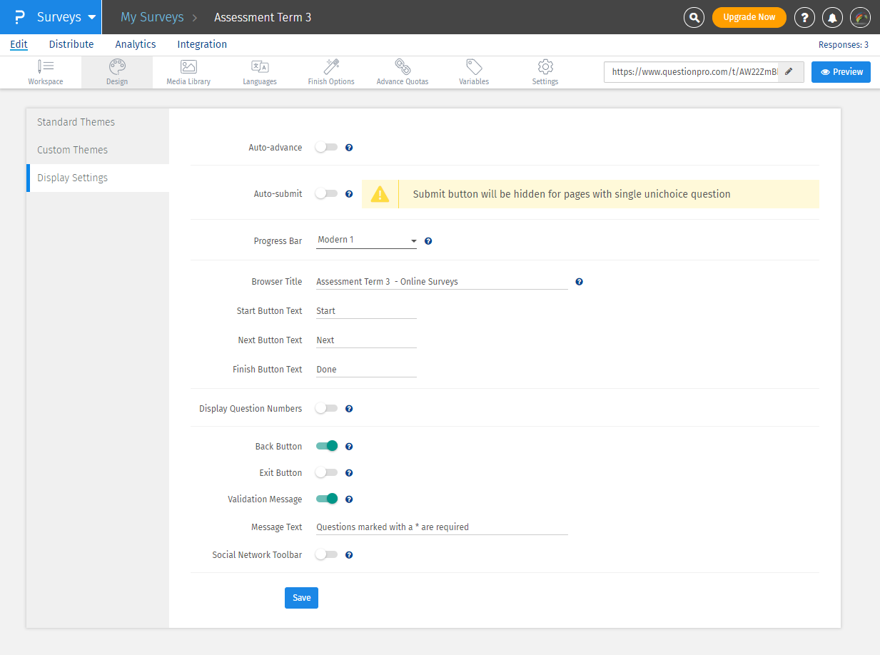 Display Settings and Survey Controls | QuestionPro Help Document