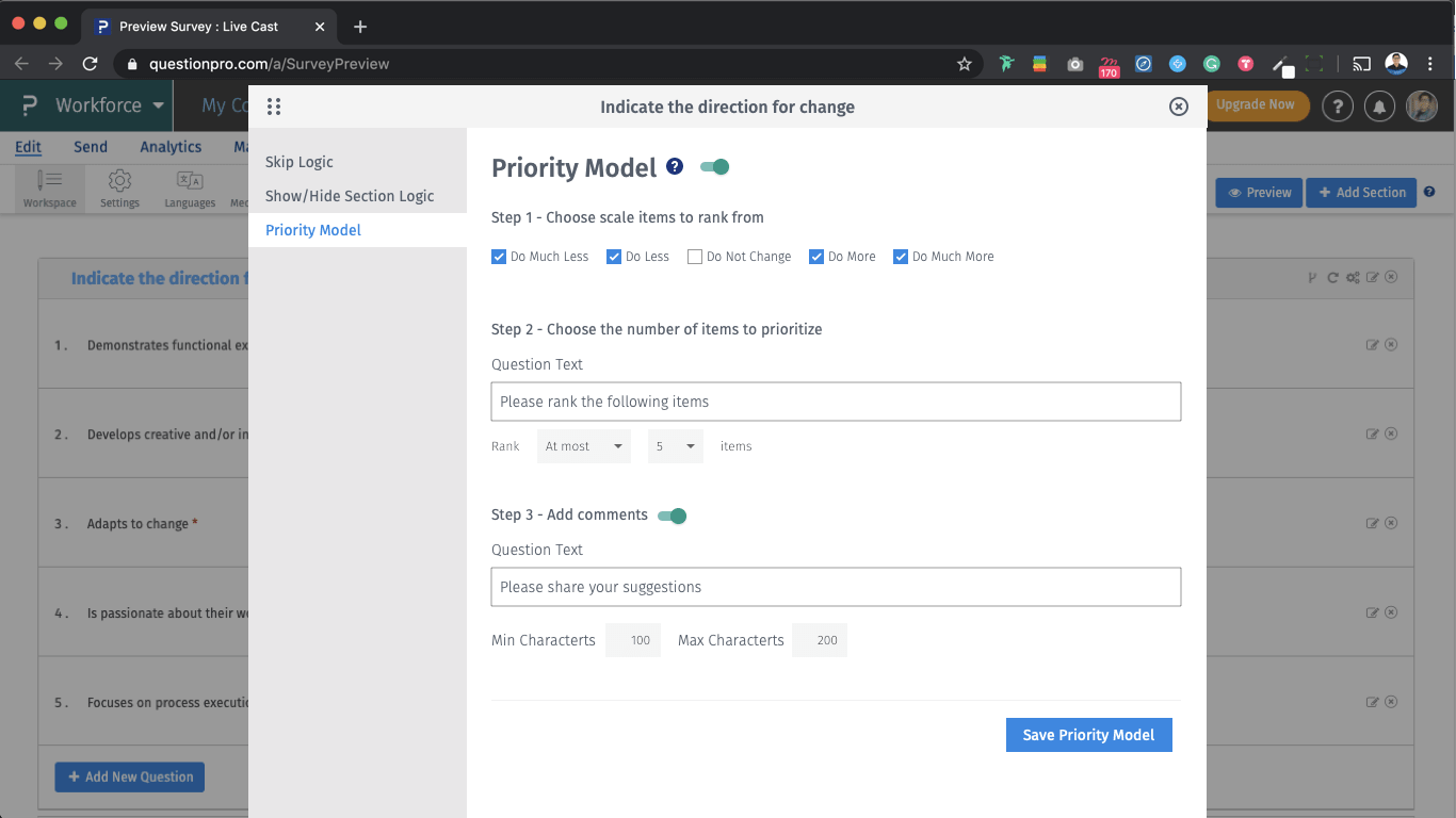 Workforce 360 Survey- Priority Model | QuestionPro Help Document