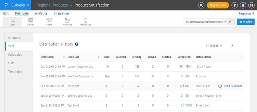 Survey distribution history | QuestionPro Help Document