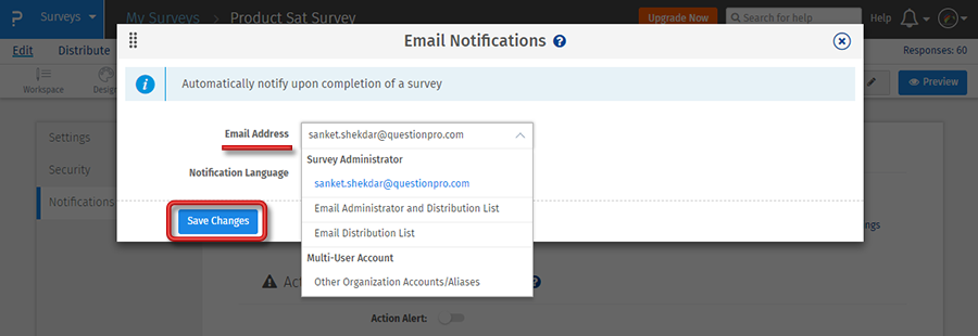 Survey responses notification email | QuestionPro Help Document
