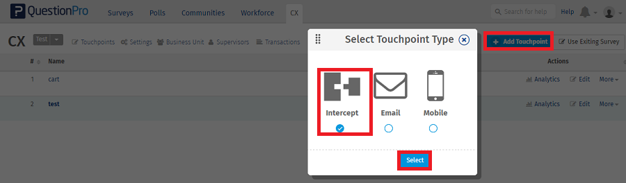 CX - Criar Intercept | New Intercept - Como? | QuestionPro Base de conhecimento