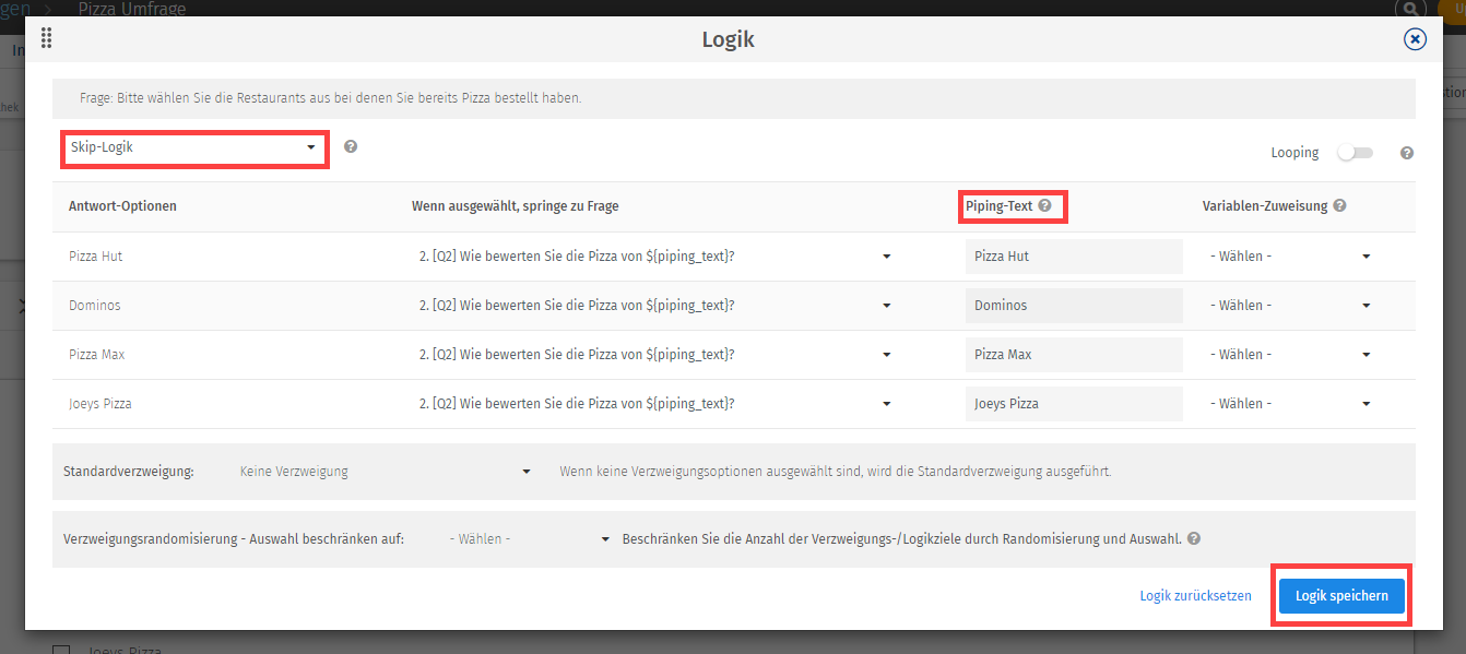 Piping-Text (Weiterleitungstext) | QuestionPro Wissensbasis