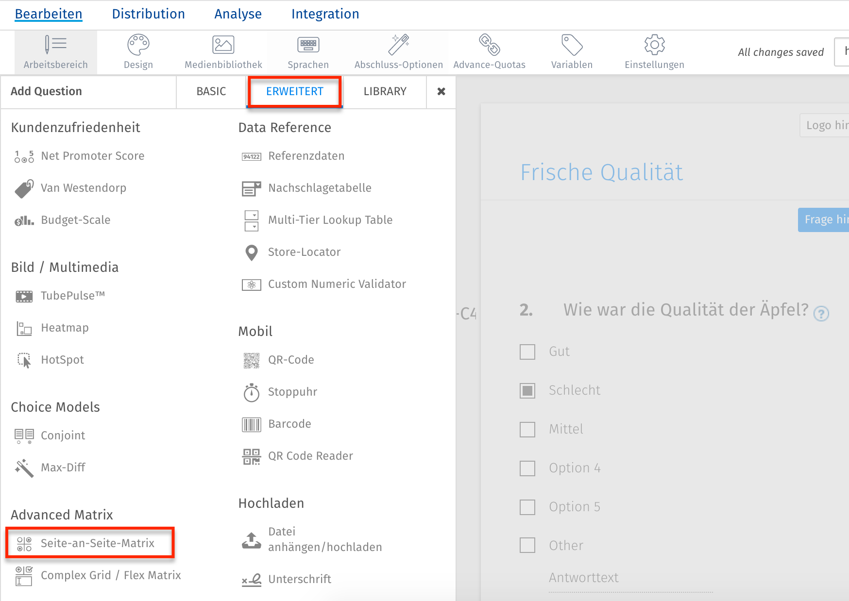 Erstellen einer Side by Side Matrix | QuestionPro Wissensbasis