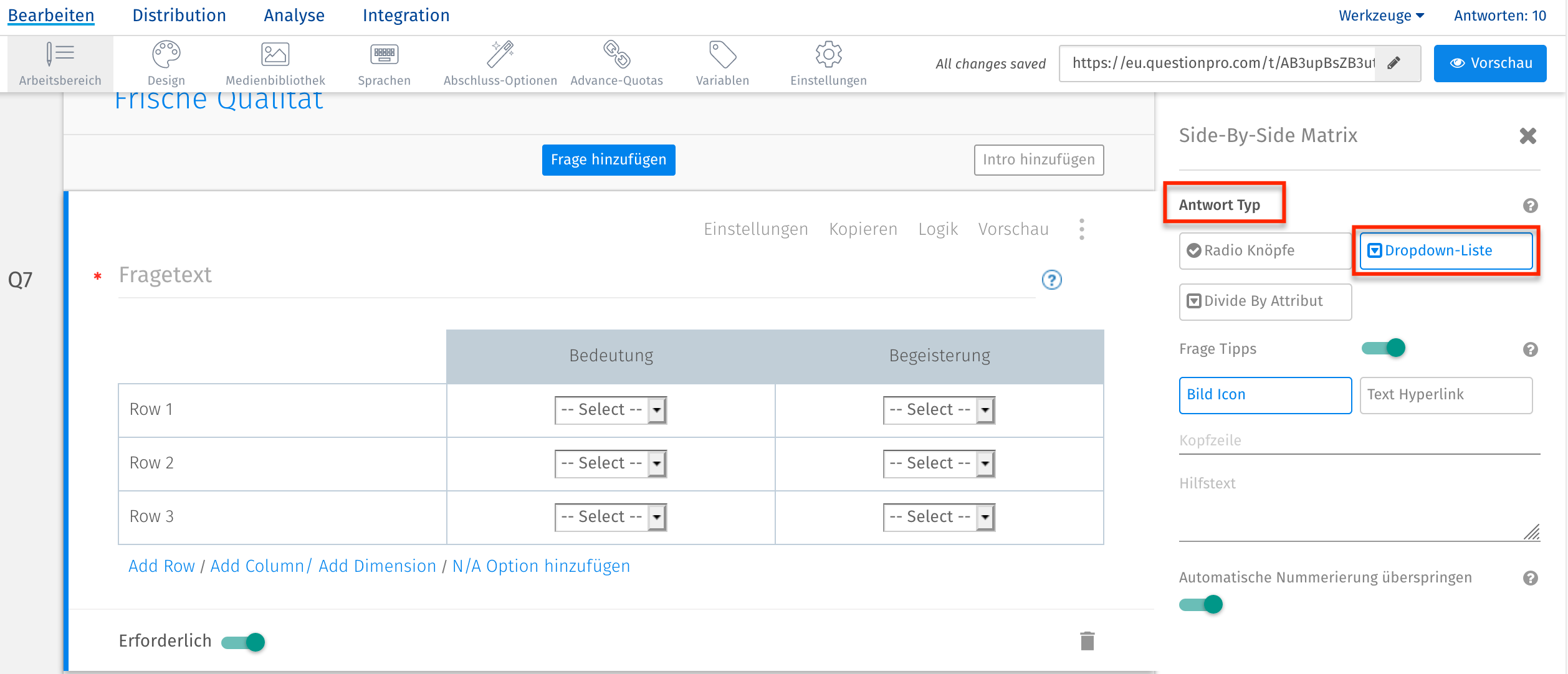 Erstellen einer Side by Side Matrix | QuestionPro Wissensbasis