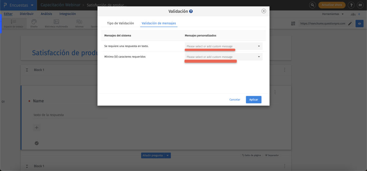 Mensajes de validación personalizados | QuestionPro Centro de Ayuda