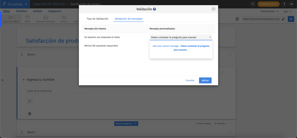 Mensajes de validación personalizados | QuestionPro Centro de Ayuda
