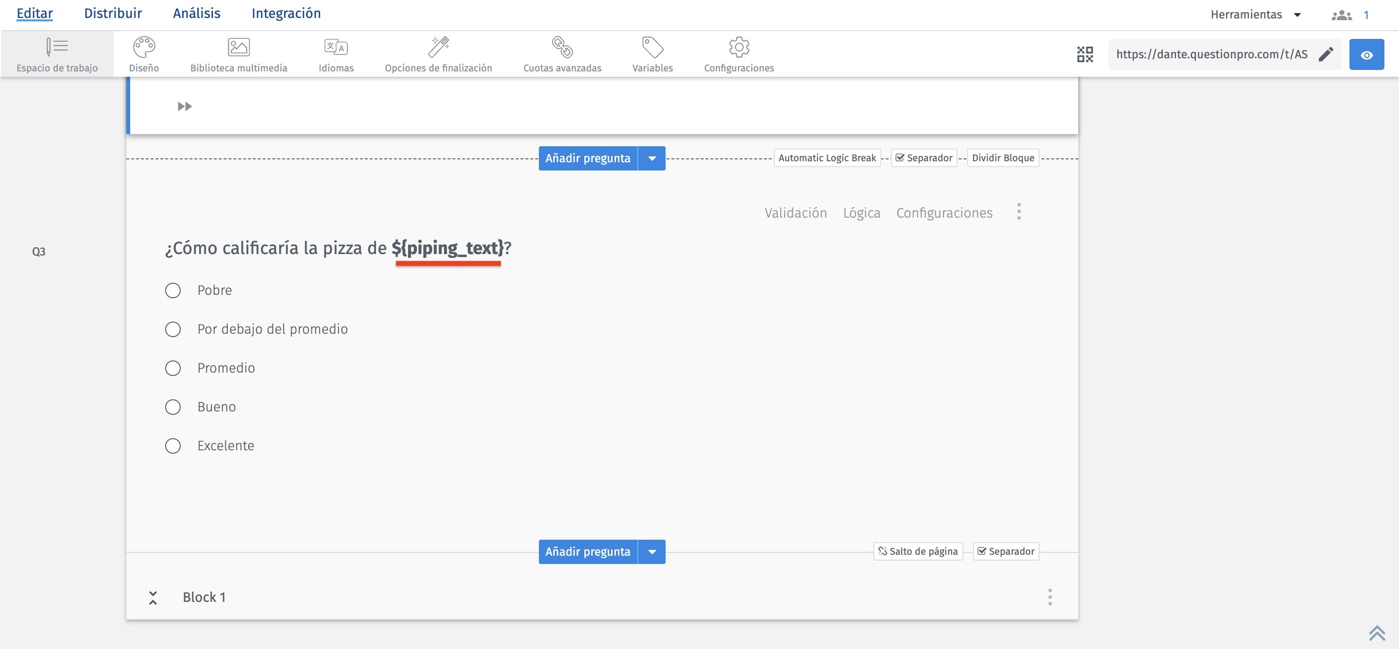 Texto de canalización o piping text | QuestionPro Centro de Ayuda