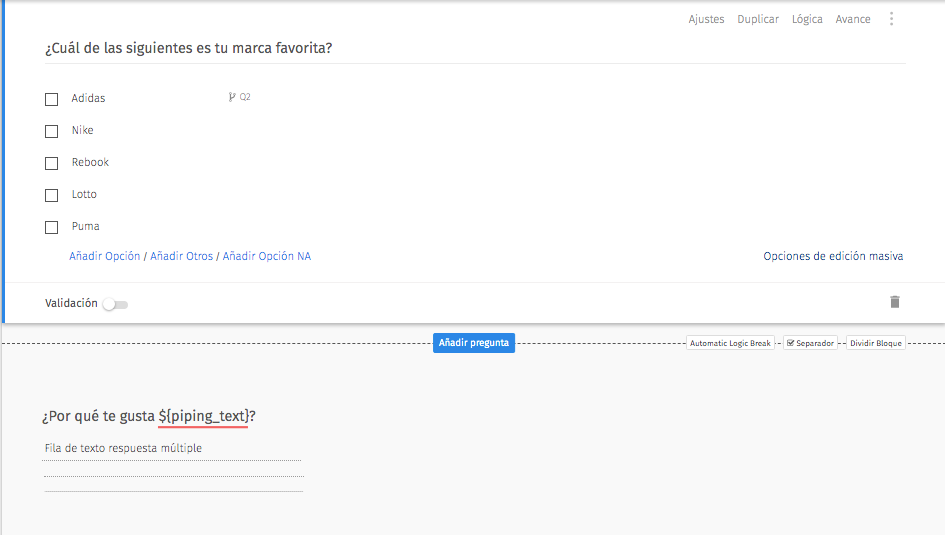 Texto de canalización o piping text | QuestionPro Centro de Ayuda