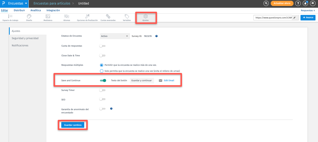 Configurar Opción Guardar y Continuar | QuestionPro Centro de Ayuda