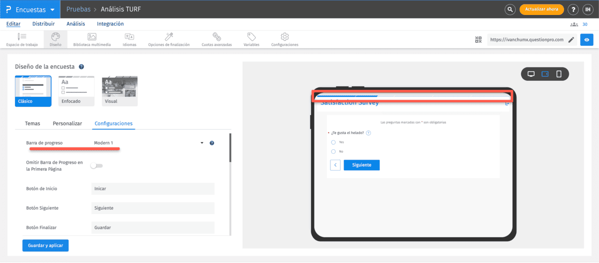 Barra de progreso - ¿Cómo configurarla? | QuestionPro Centro de Ayuda