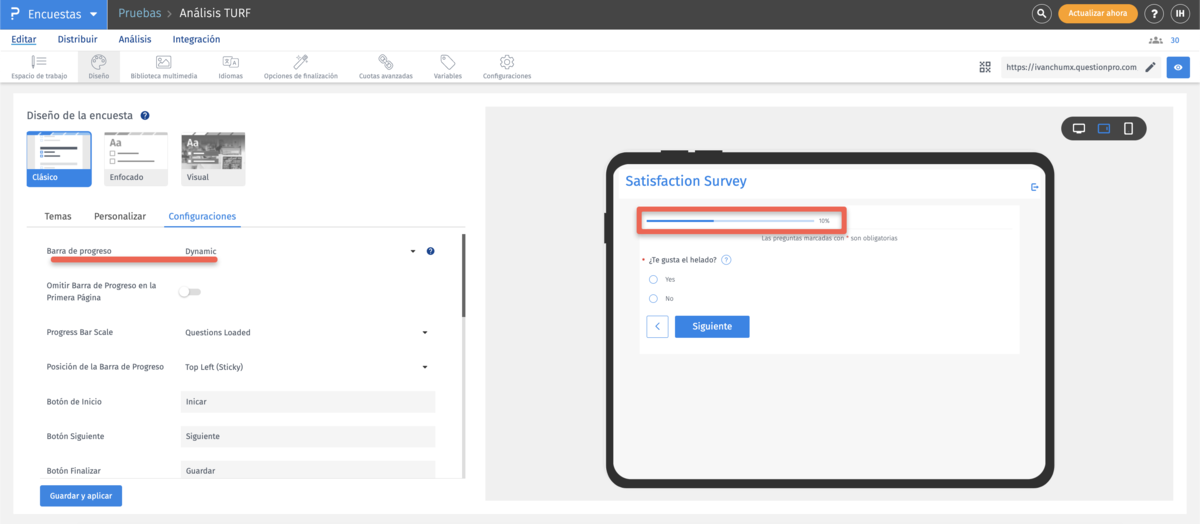 Barra de progreso - ¿Cómo configurarla? | QuestionPro Centro de Ayuda