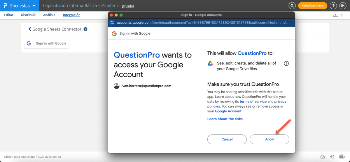 Integración con Hojas de cálculo de Google | QuestionPro Centro de Ayuda