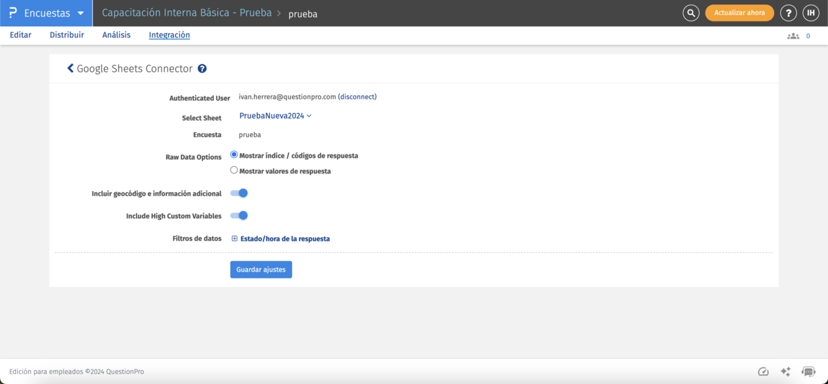 Integración con Hojas de cálculo de Google | QuestionPro Centro de Ayuda